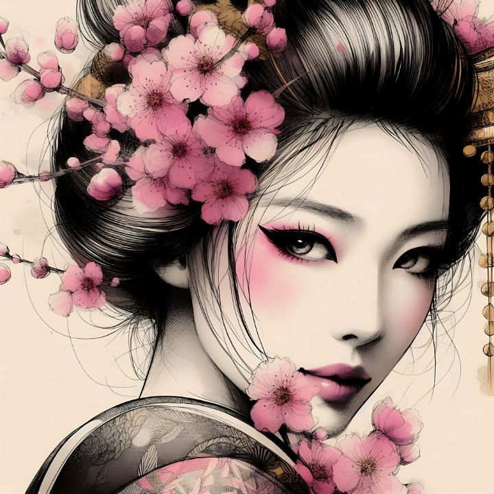Geisha Beauty in Blossom Flowers - A.D. Visual - Drawings ...
