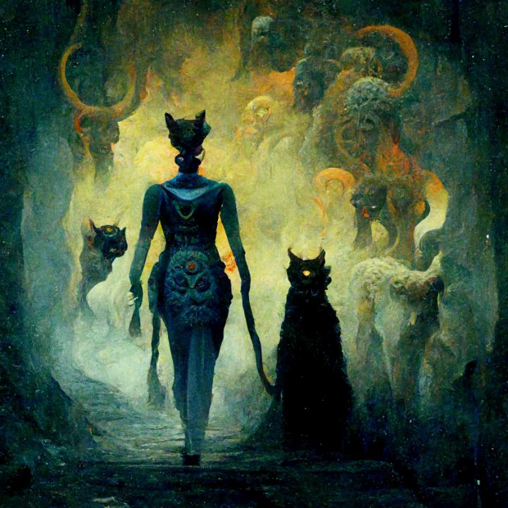 Chthonic Hecate Walking Cats in the - From the Abyss - AI Art Gallery ...
