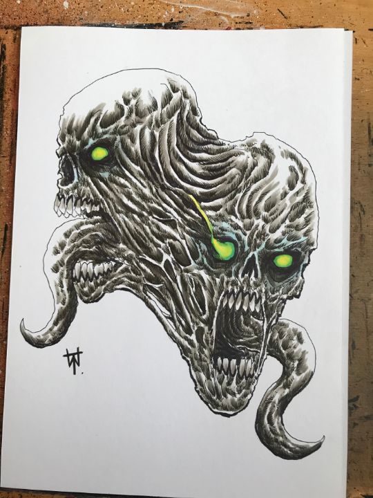 Twin Stone Skull Original Artwork - Original Horror Art By Wayne Tully ...