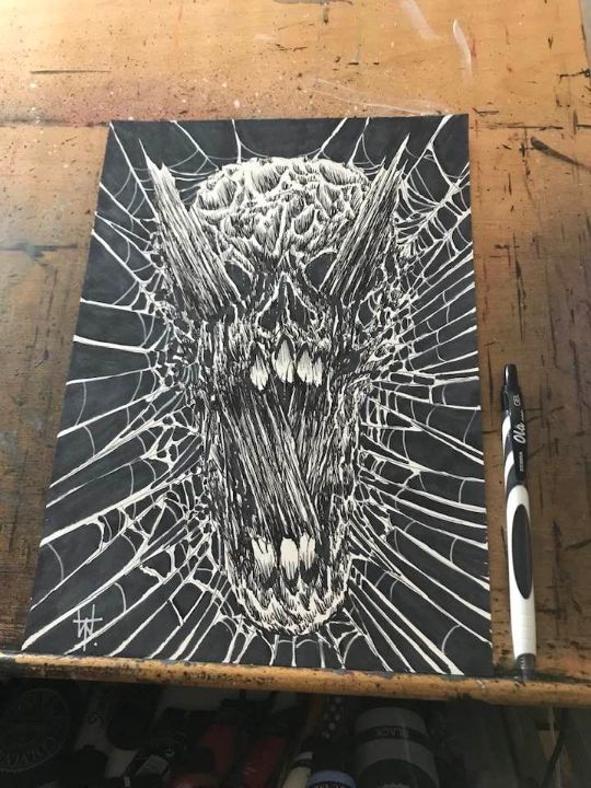 Skull Web Ink Artwork Drawing - Original Horror Art By Wayne Tully ...