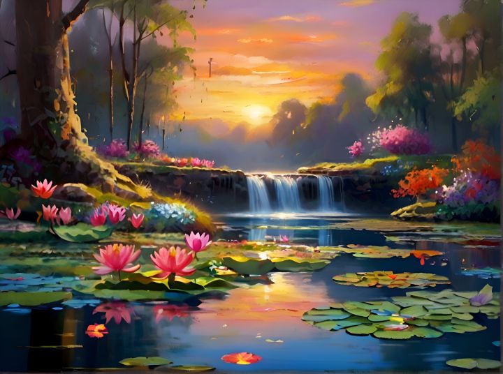 Most beautiful waterfall landscape - Fine art - Paintings & Prints ...