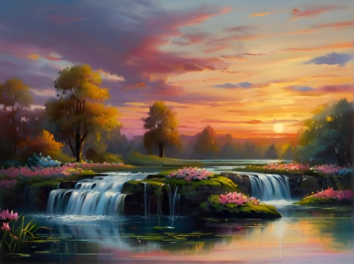 Most beautiful waterfall sunset - Fine art - Paintings & Prints ...