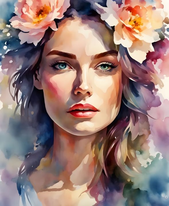 Watercolor Floral Portrait - GalaxiaArt - Paintings & Prints, People ...