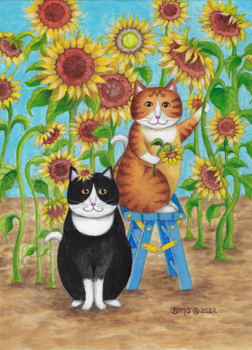 Sunflower Cats Designer s Workshop Paintings Prints Animals Birds Fish Cats Kittens Non Pedigreed Cats Solid White Colored Cat ArtPal