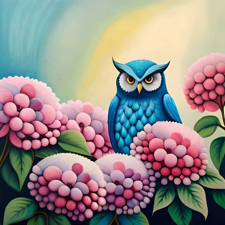 Hydrangea with Owl #006 - Adrian Yoon - Paintings & Prints, Flowers ...