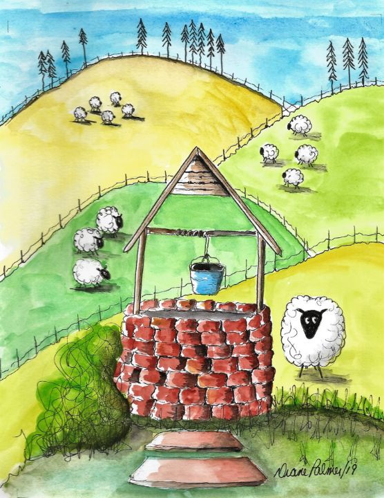 Sheep at the Wishing Well Folk Art - A Brush with the Past - Paintings ...