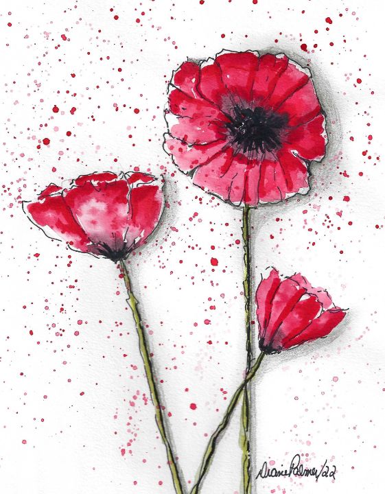 Red Poppies Ink and Watercolor Art - A Brush with the Past - Paintings ...