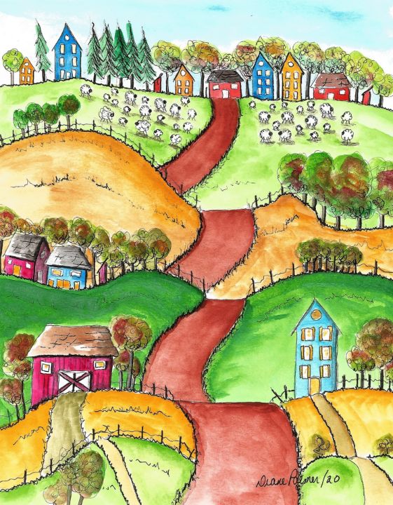 Rolling Hills Patchwork Fields Folk - A Brush with the Past - Paintings ...