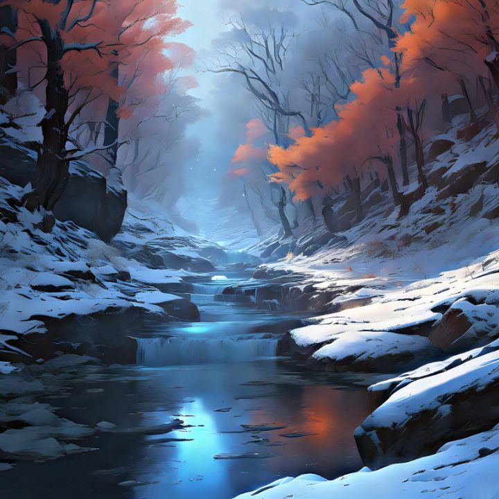 A Snowy Forest with a Rushing Stream - Balabhadra Bagarti - Paintings ...