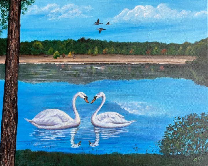 Swans at Great Hollow Lake - Amy Valiante - Paintings & Prints, Animals, Birds, & Fish, Birds ...