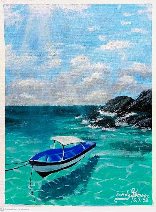 Calm Sea and Boat - Kendi Art - Paintings & Prints, Landscapes & Nature ...