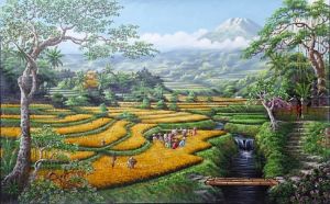Golden Harvest Amidst Misty Peaks - Oil and Canvas - Paintings & Prints ...