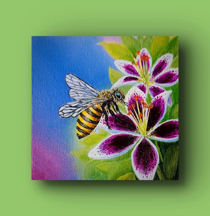 Bee on flower mini canvas painting - Peu art gallery - Paintings ...