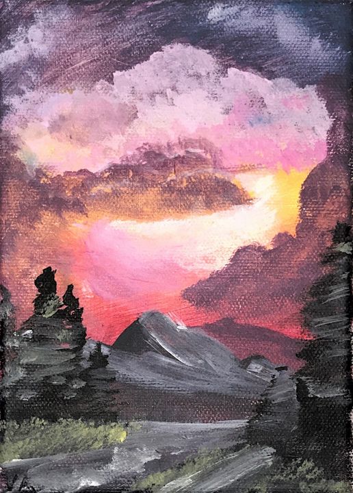 A Sunset Behind A Little Mountain - PlantsInAPot - Paintings & Prints ...