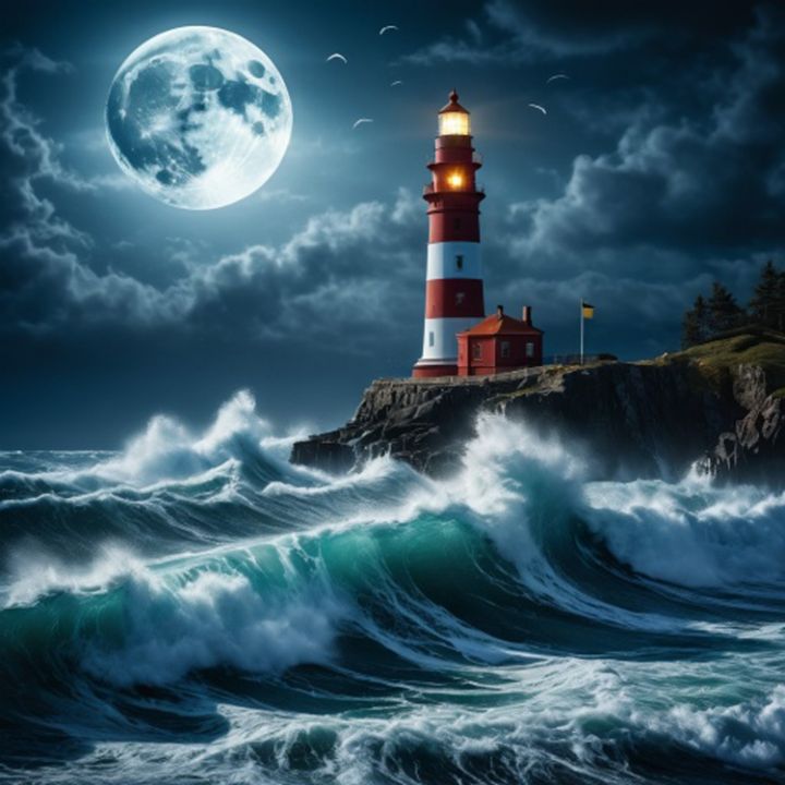 Coastal Full Moon Lighthouse - MARY SNYDER FINE ART - Digital Art & AI ...