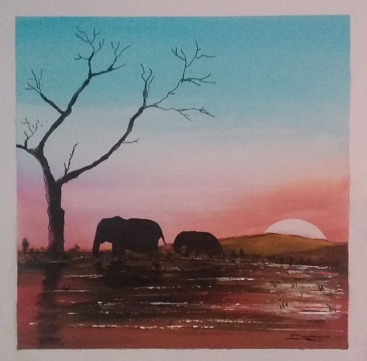 Indian elephants at sunset - GraemesArt - Paintings & Prints, Animals ...