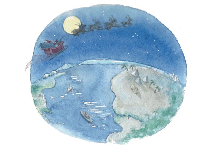 Santa Flying Over the Earth - WheelerIllustration - Paintings & Prints ...
