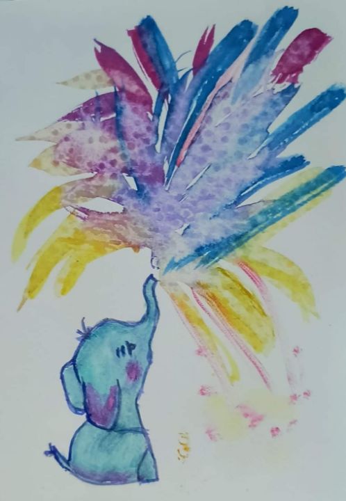 Watercolor Blowing Baby Elephant - Simply Art - Paintings & Prints ...