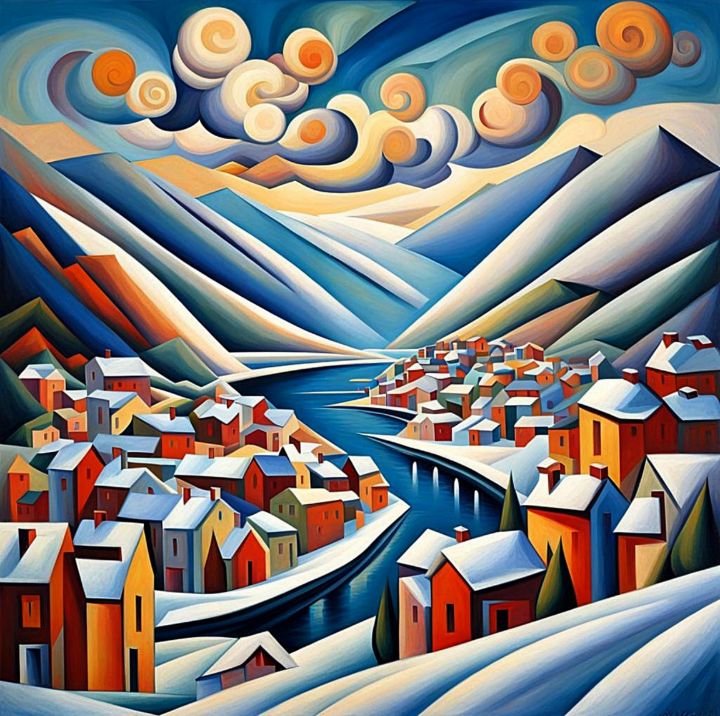 Snowy Fjord Town 1 - George Hutton Hunter Contemporary Artist ...