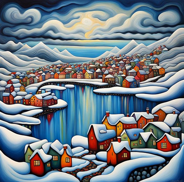 Snowy Fjord Town 2 - George Hutton Hunter Contemporary Artist ...