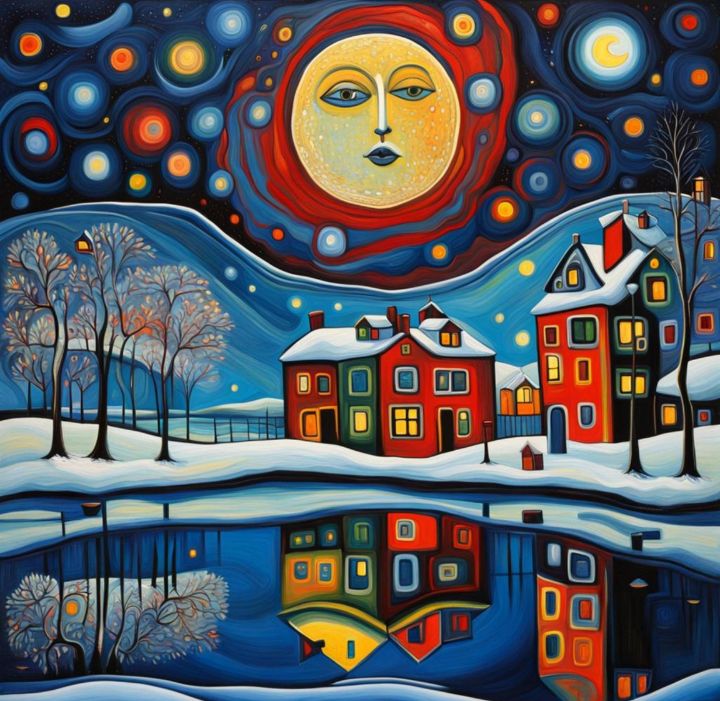 Winter night by lake1 - George Hutton Hunter Contemporary Artist ...