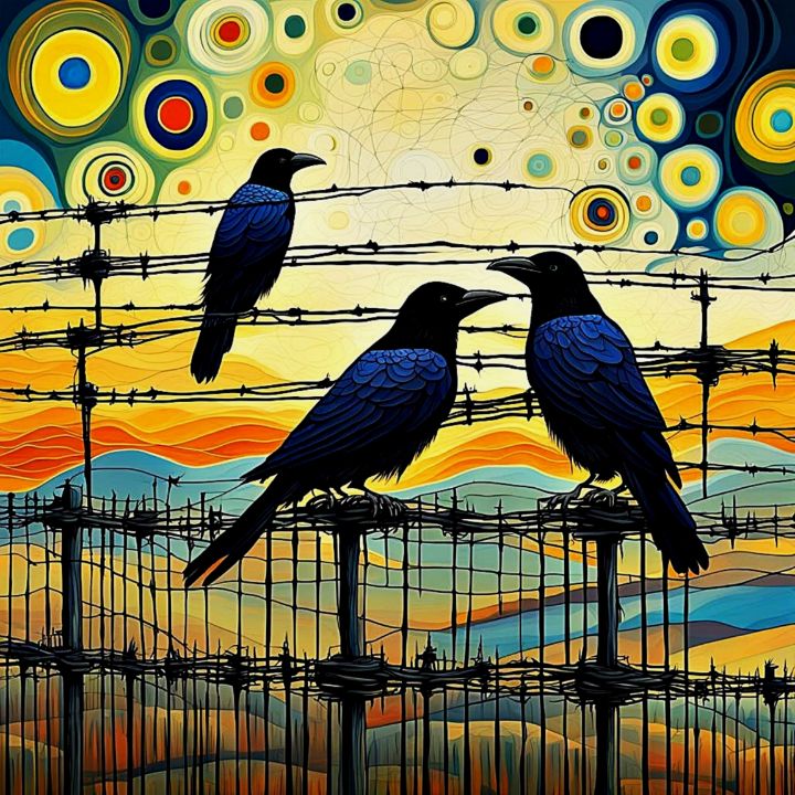 Crows on wire fence 1 - George Hutton Hunter Contemporary Artist ...