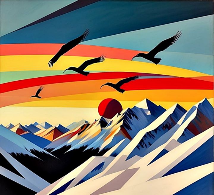 Birds over snowy mountains at sunset - George Hutton Hunter ...