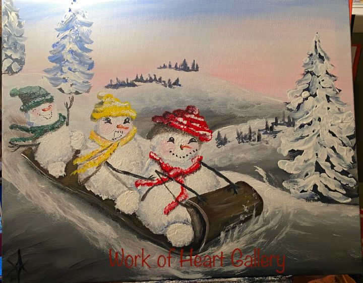 Snowmen Sledding - Canvas paintings - Paintings & Prints, Landscapes ...
