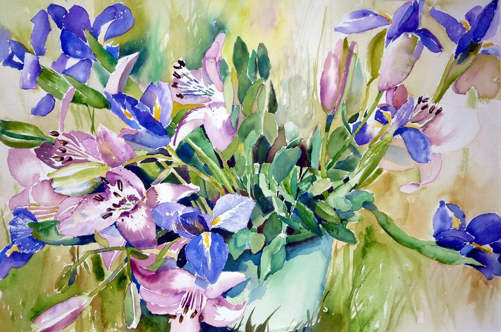 Purple Iris And Pink Lilies - US Country Wildflowers, Art by Roxanne ...