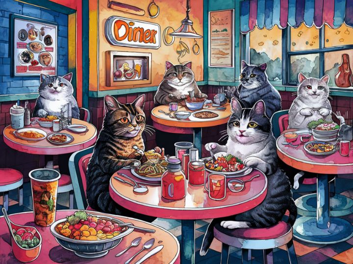 Cats Diner Vibrant Scene - North Country - Digital Art & AI, Animals ...