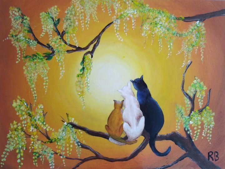 Cat family moon gazing - RB - Paintings & Prints, Animals, Birds ...