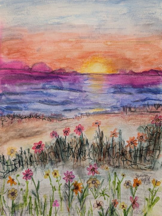 Beach with color flowers - Susan Holly Art - Paintings & Prints ...