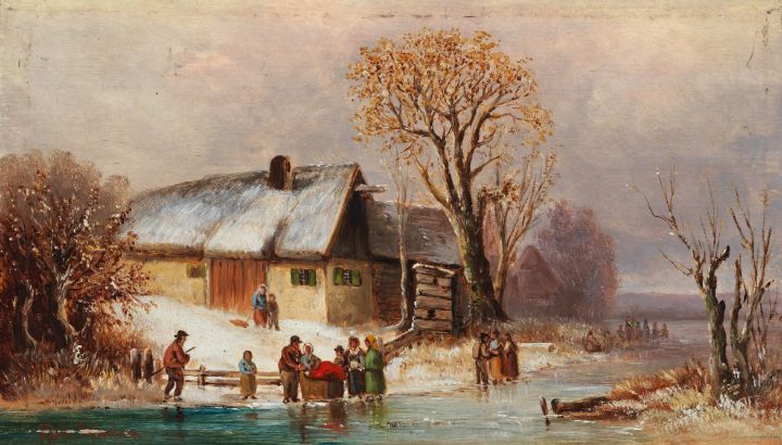 Winter river landscape with figurati - Classical Artworks Bay ...