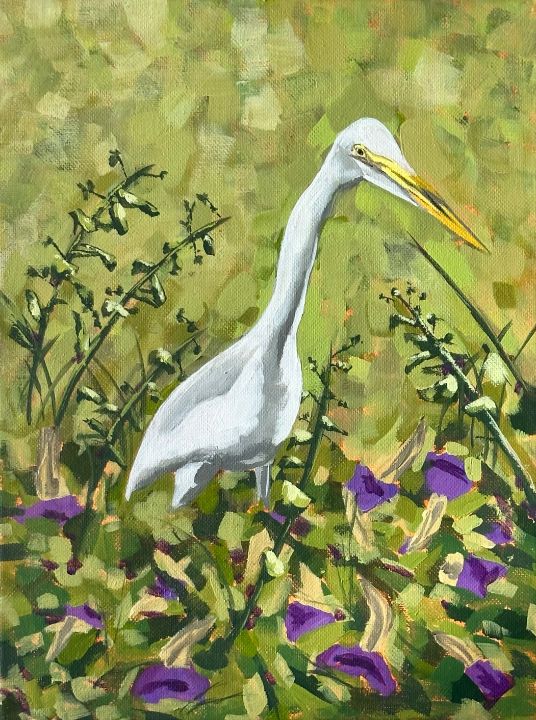 Great Egret with Purple Flowers - DeVere Art - Paintings & Prints ...