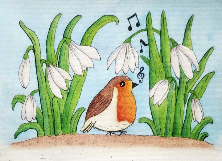 Singing Robin and Snowdrops - Gallery of Hues - Paintings & Prints ...