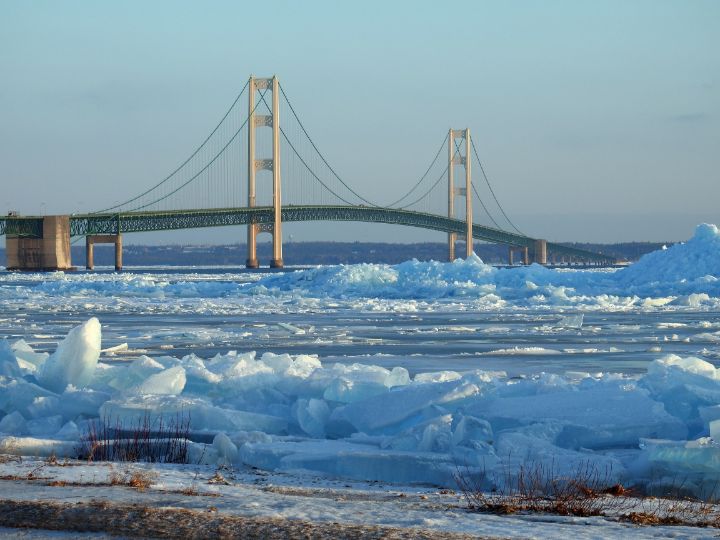 Mackinac Bridge in Ice at Sunrise - Michigan Waterfalls - Photography ...