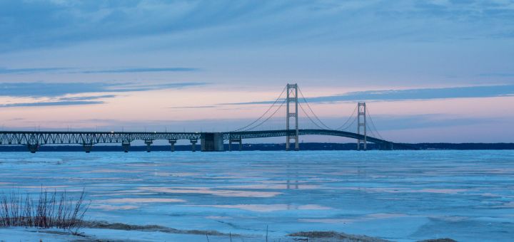 Mackinac Bridge in Ice at Sunset - Michigan Waterfalls - Photography ...