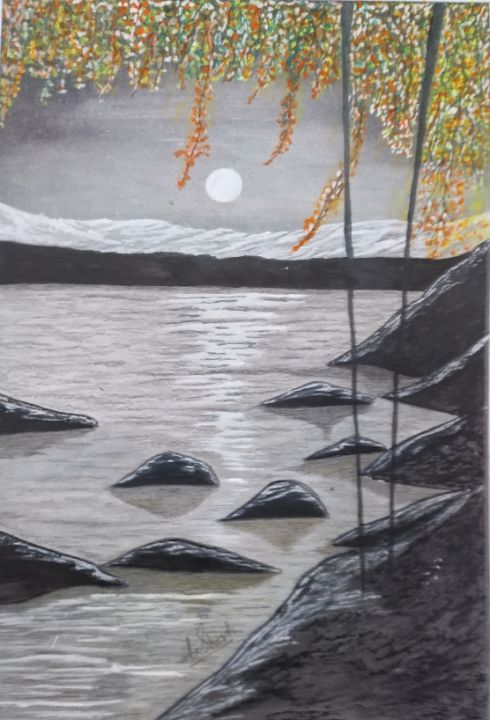 Night at river side - alok's creation - Paintings & Prints, Landscapes ...