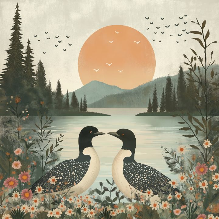 Pair Of Loons In The Foreground - Vintage Posters - Digital Art & AI ...