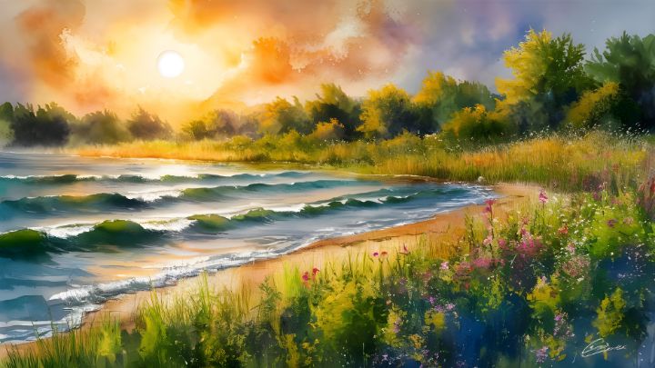 Golden Sunrise Over the Waves - Royalart - Digital Art & AI, Landscapes ...