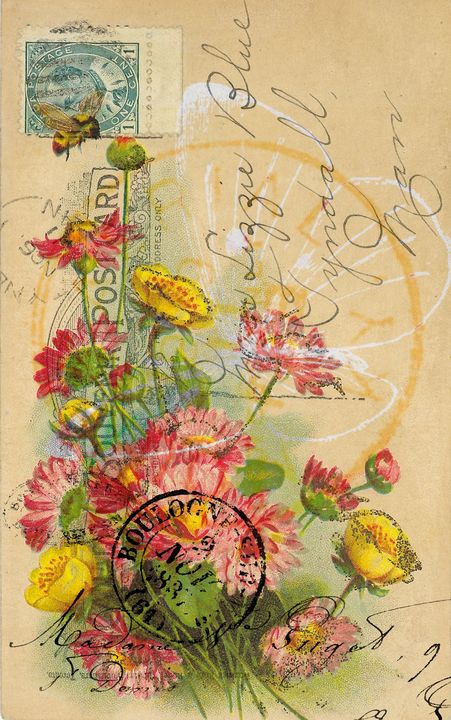 Vintage Postcard Wildflowers Bees - Angelandspot - Digital Art & AI ...