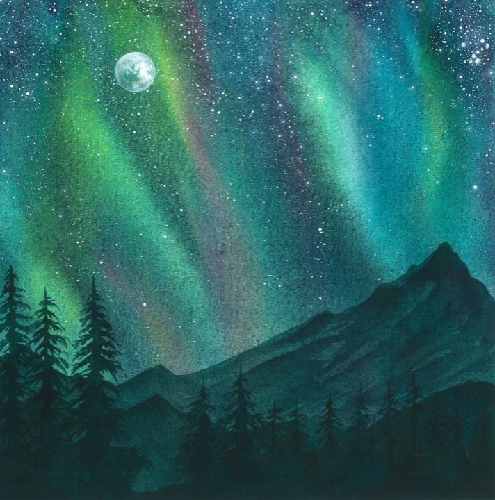 Full moon and colorful northern ligh - OleandrOriginalArt - Paintings ...
