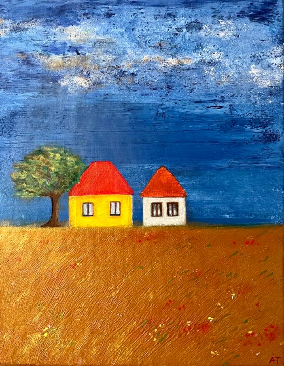 Two houses in a field - Angela Tocila Art - Paintings & Prints ...