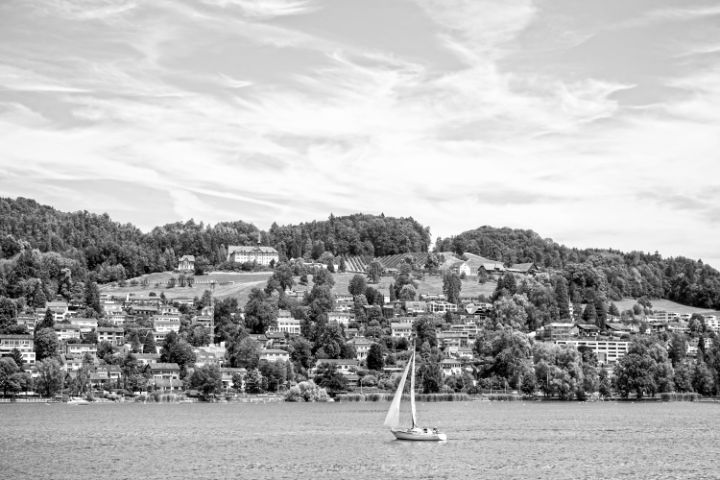BW Sailboat Lake Lucerne with Alpine - 360 Studios Fine Art - William ...