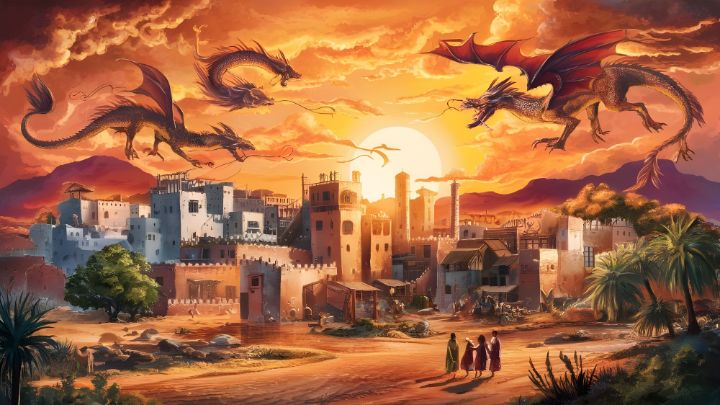 "Dragon Dusk: Arabian Oasis" - PROart - Paintings & Prints, Buildings ...