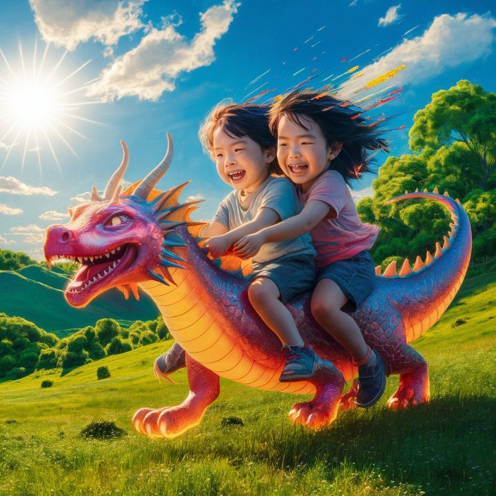 Two kids riding a cute dragon - Eldawys Gallery - Paintings & Prints ...