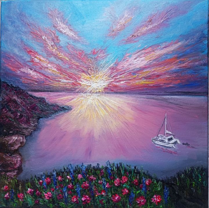 Catamaran at sunset sea view from ab - IrinaMinevich - Paintings ...