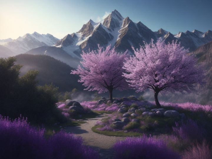 Plum Trees Spreading on Mountainside - Monad Nomad - Digital Art & AI ...