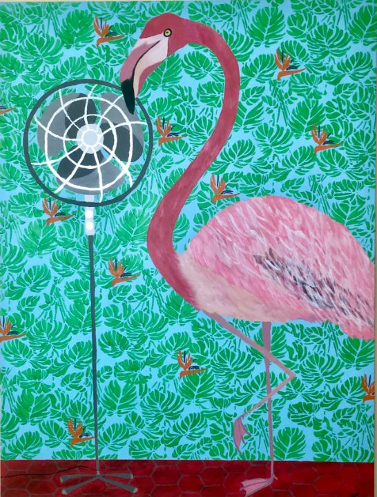 Flamingo with a Standing Fan - Sharon Paley - Paintings & Prints ...