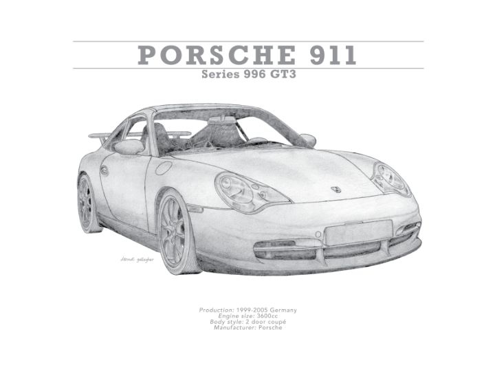 Porsche 911 Series 996 GT3 Pencil - Classic Car Art Drawings - Drawings ...